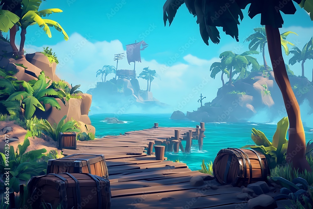 Cartoon Pirate Cove in Fortnite Style - Misty Bay with Wooden Dock ...