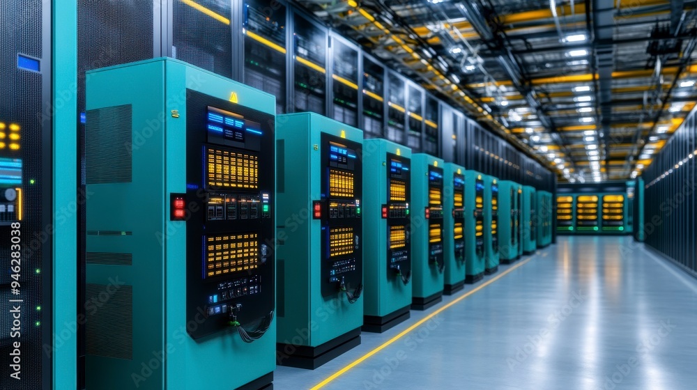 Data Center, Row of server racks in a modern data center, Digital ...