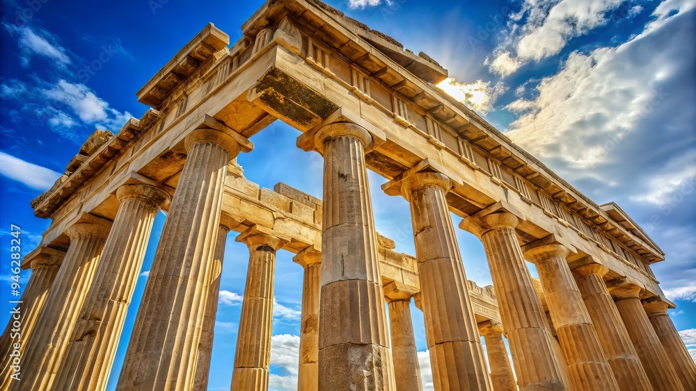 Ancient Greek temple columns rise against a bright blue sky, adorned ...