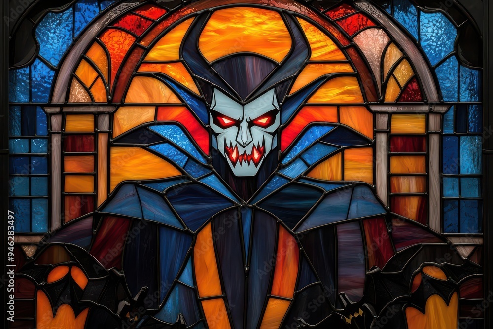 Intricate stained glass design of a vampire with sharp fangs and ...