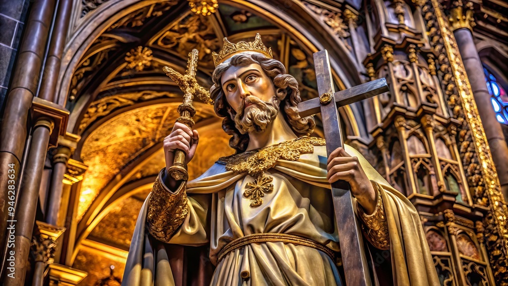 Ancient stone statue of revered Christian saint, depicted with sword ...