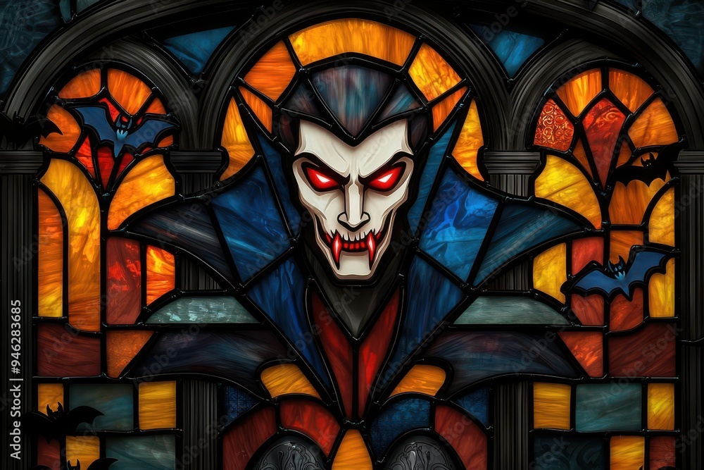 Intricate stained glass design of a vampire with sharp fangs and ...