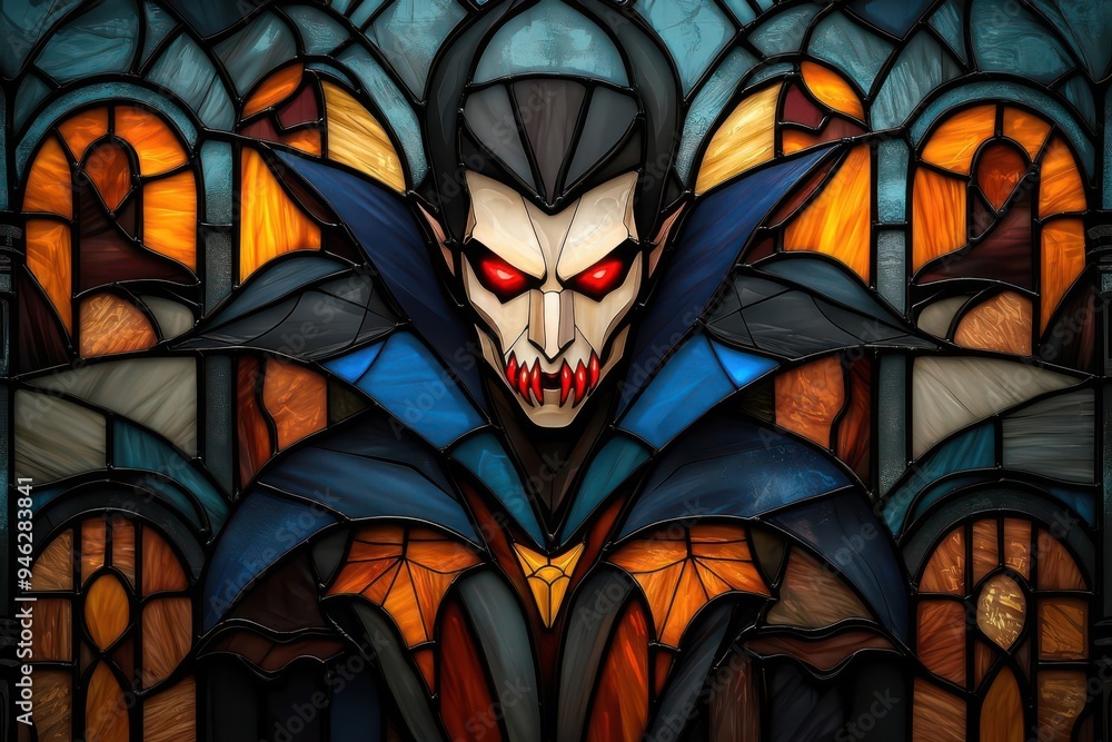 Intricate stained glass design of a vampire with sharp fangs and ...