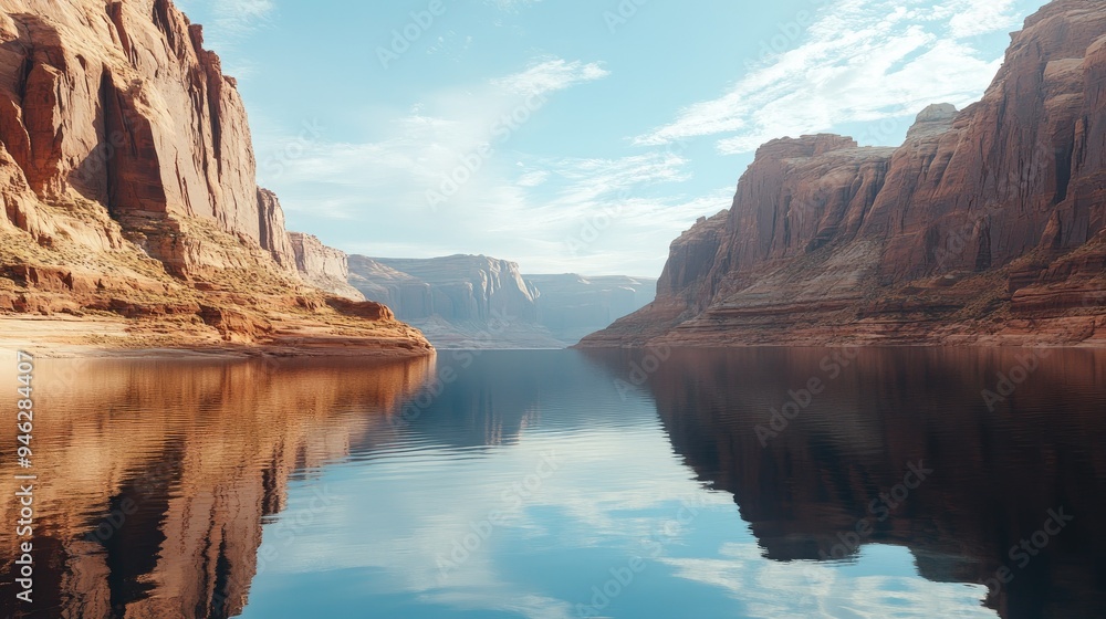 The towering cliffs of Lake Powell, still water reflecting sky, copy ...