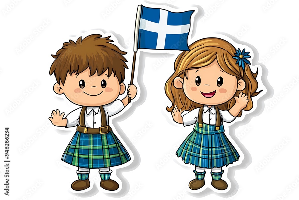 Scottish Kids in Kilts with Flag - Cheerful Cartoon Vector Illustration ...