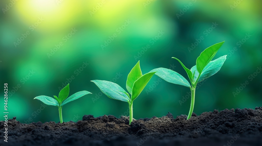 Three stages of plant growth emerging from dark soil against a blurred ...