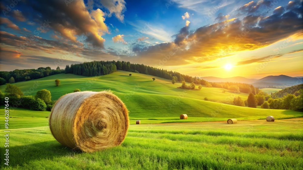 A rustic, golden hay bale sits atop a vibrant green meadow, accompanied ...