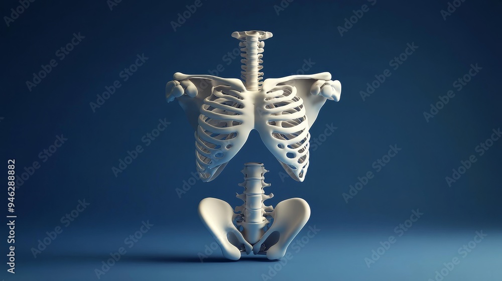 White human skeleton torso and pelvis on a blue background. The bones ...