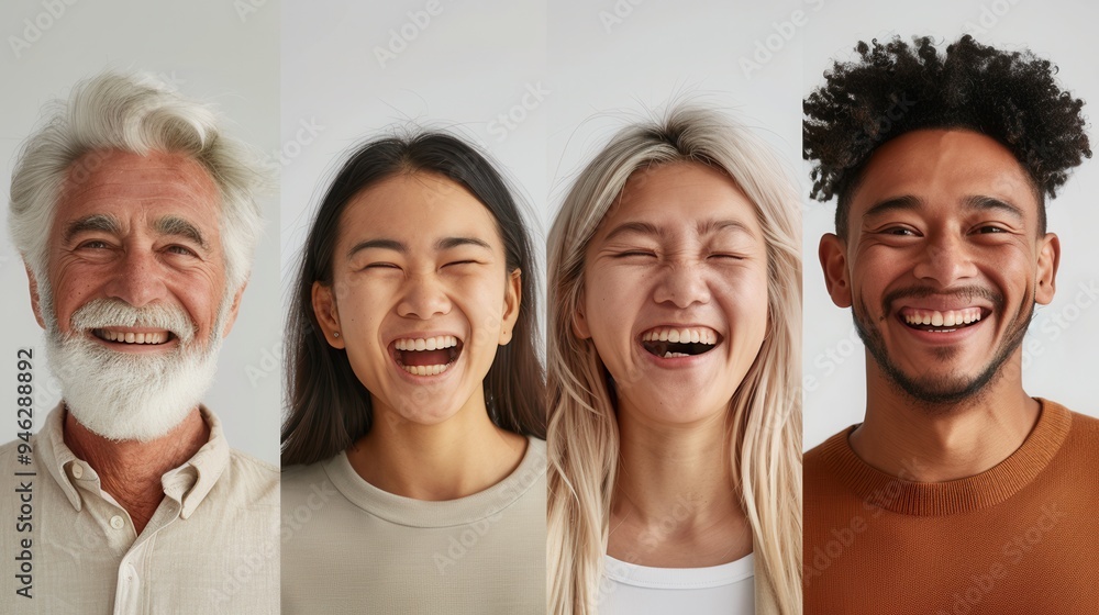 Four people, representing different ages and ethnicities, are laughing ...