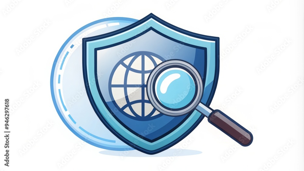 A stylized icon of a shield with a magnifying glass and globe ...