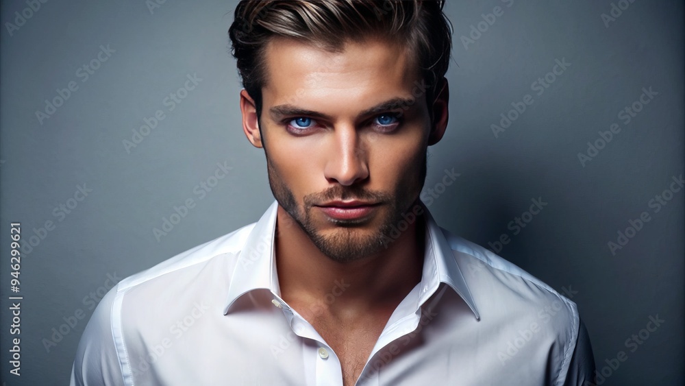 Attractive male model with chiseled features and piercing blue eyes ...