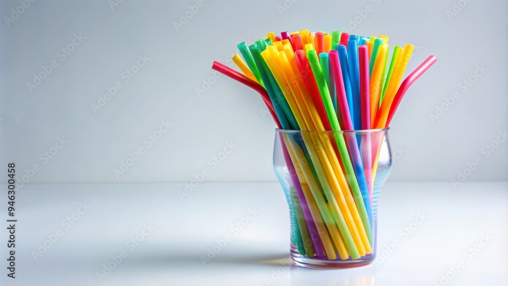 A vibrant, colorfully wrapped flexible drinking straw stands upright on ...