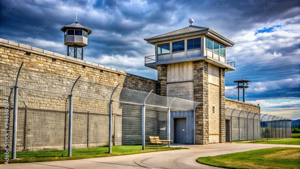 Barbed wire-topped stone walls flank a heavy metal entrance gate with a ...