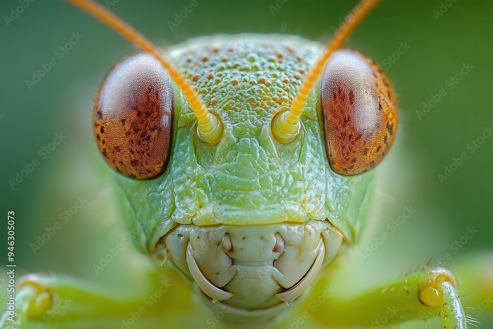 extreme closeup of grasshopper face hyperdetailed compound eyes and mandibles vivid green ...