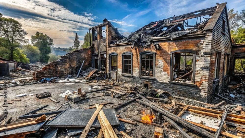 Charred and smoldering remains of a burned-out building, with broken ...