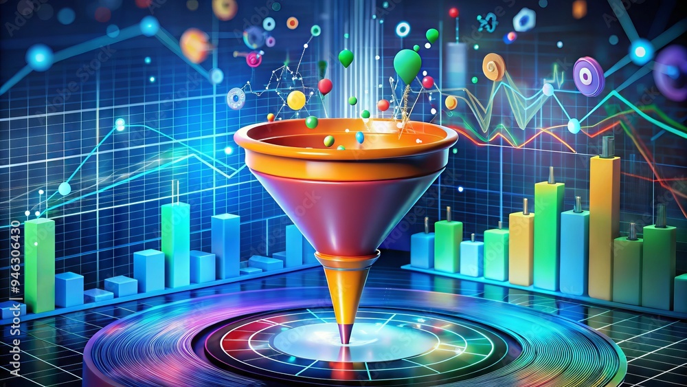 Colorful 3D funnel surrounded by analytics symbols, charts, and graphs ... Colorful 3D funnel surrounded by analytics symbols, charts, and graphs ...