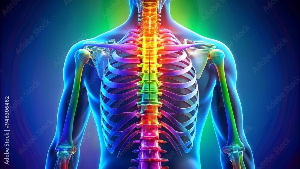 Colorful 3D illustration of the spine showcasing seven cervical, twelve ...