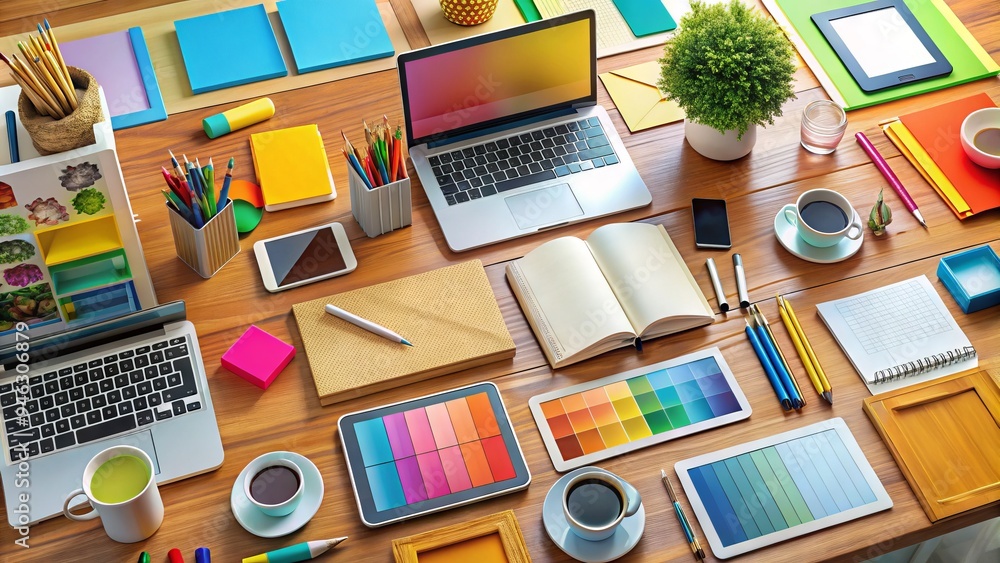 Colorful array of digital devices, notebooks, and writing utensils laid ...