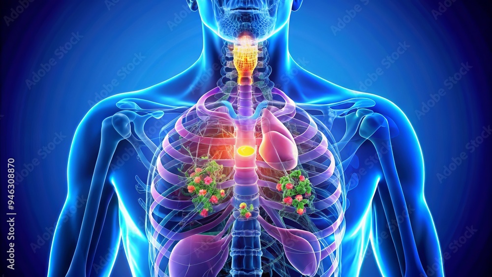 Colorful illustration of the thymus gland in the chest cavity ...