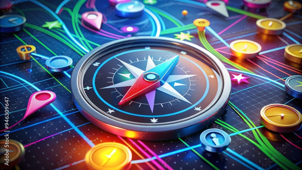 Colorful navigation icons, including compass, map pin, and directional ...