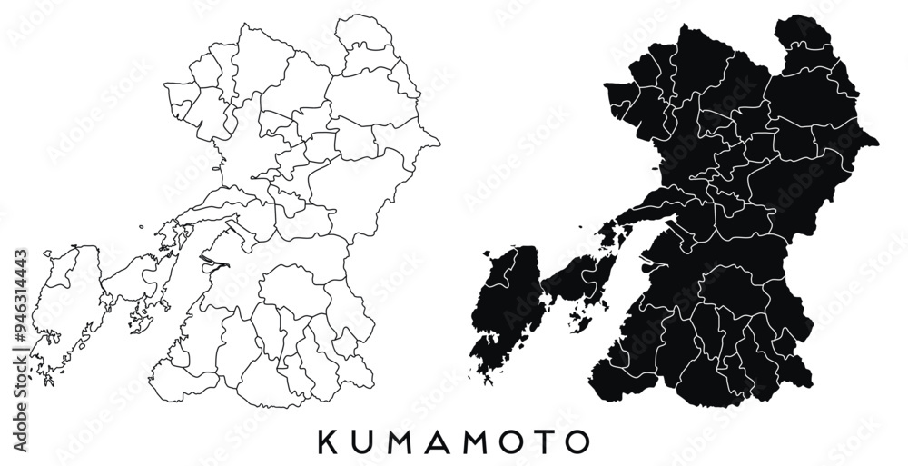 Kumamoto map of regions districts vector black on white and outline ...