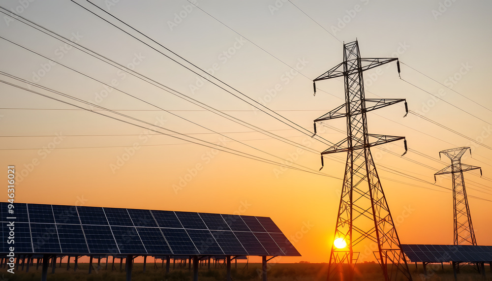 High voltage pylons with electric power lines transfering electricity ...