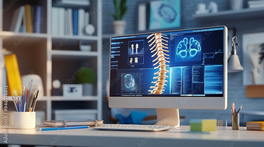 A computer monitor displaying a digital scan of the human spine and ...