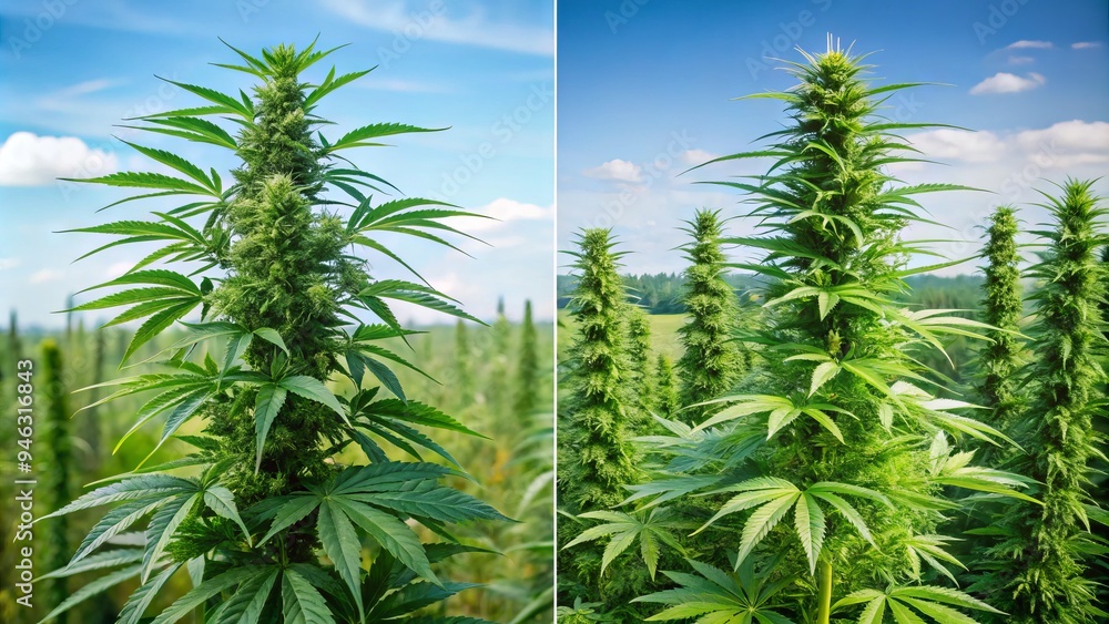 Distinguished cannabis plants, hemp with tall, skinny stems and sparse ...