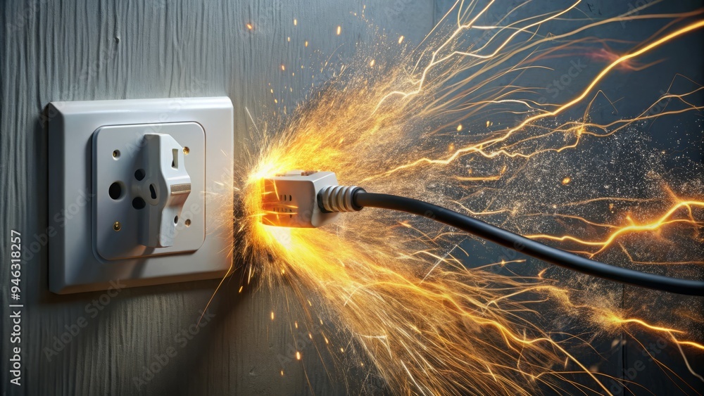 Electrical sparks flying from frayed power cord, exposed wiring, and ...