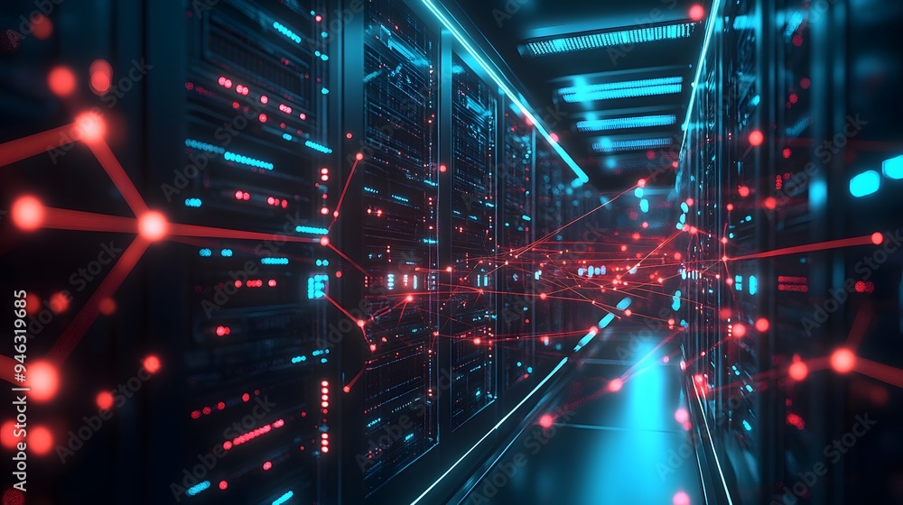 Blockchain Server Room With Ai Data Connections Visualized As Glowing Lines Stock Illustration