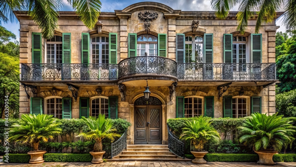 Elegant stone facade of a 19th-century French colonial mansion with ...