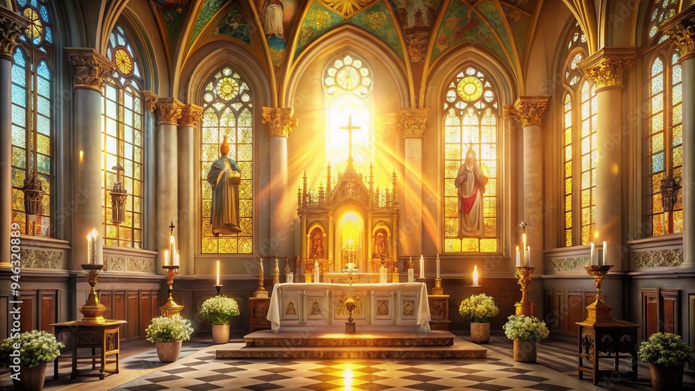 Ethereal golden light illuminates a serene Catholic church interior ...