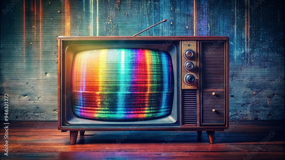 Faded, nostalgic television screen displaying static noise, distorted ...