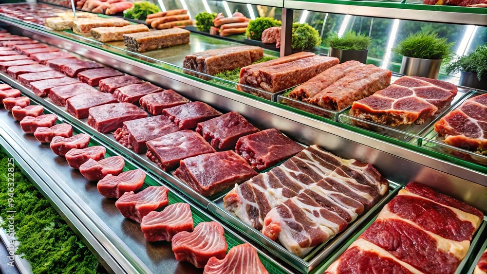 Freshly arranged premium cuts of beef, including tenderloins, ribeyes ...