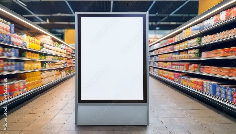 Blank digital sign in a supermarket aisle with blurred shelves in the ...