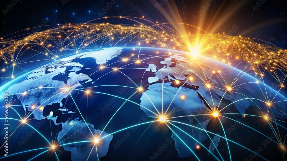 Global connections visualized as a radiant network of lines and dots ...
