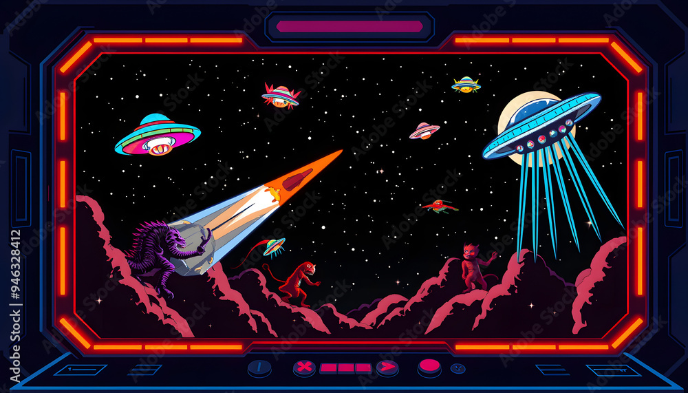 Screen of space arcade in 8-bit retro video game style UFO Monsters vs ...