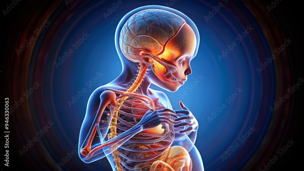 High-contrast 3D medical visualization of a fetus's detailed skeletal ...