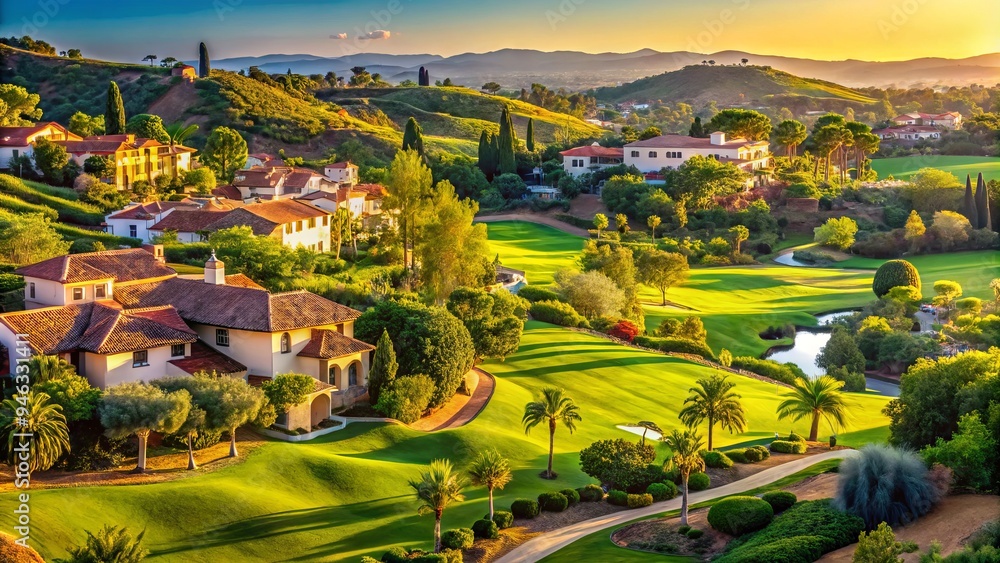 Idyllic sun-drenched landscape of rolling hills, verdant golf courses ...