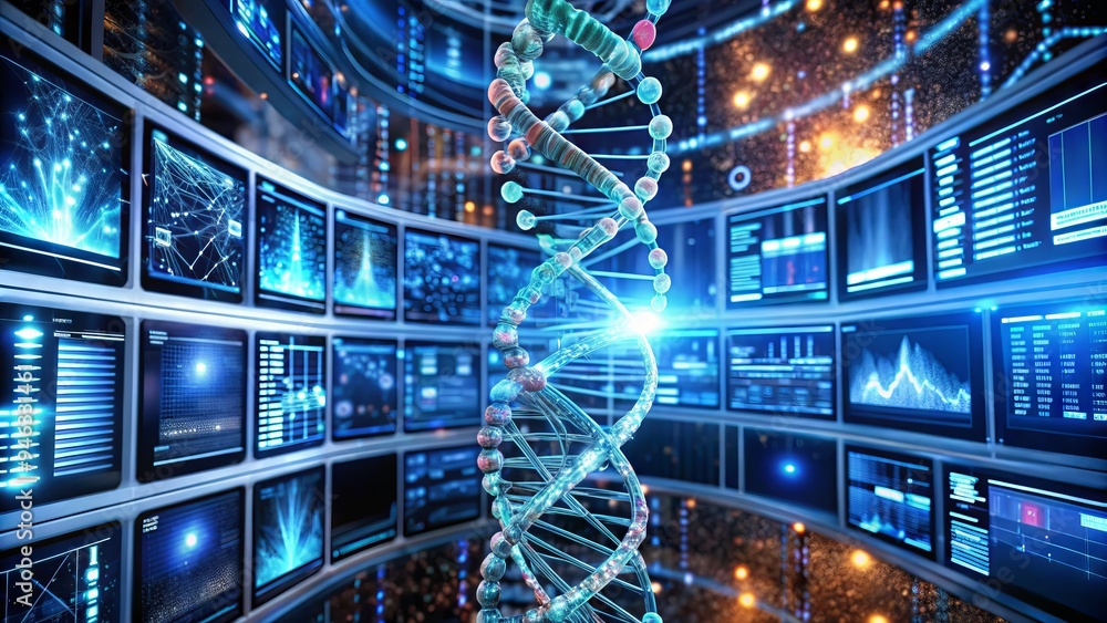 Illuminated double helix DNA model surrounded by virtual screens displaying genomic data ...