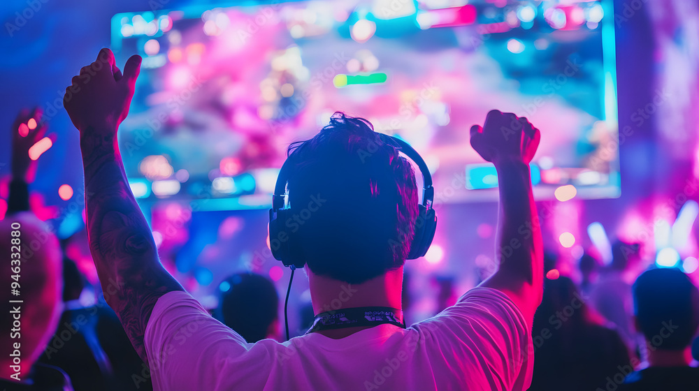 Crowded gaming convention with hundreds of enthusiastic gamers around ...