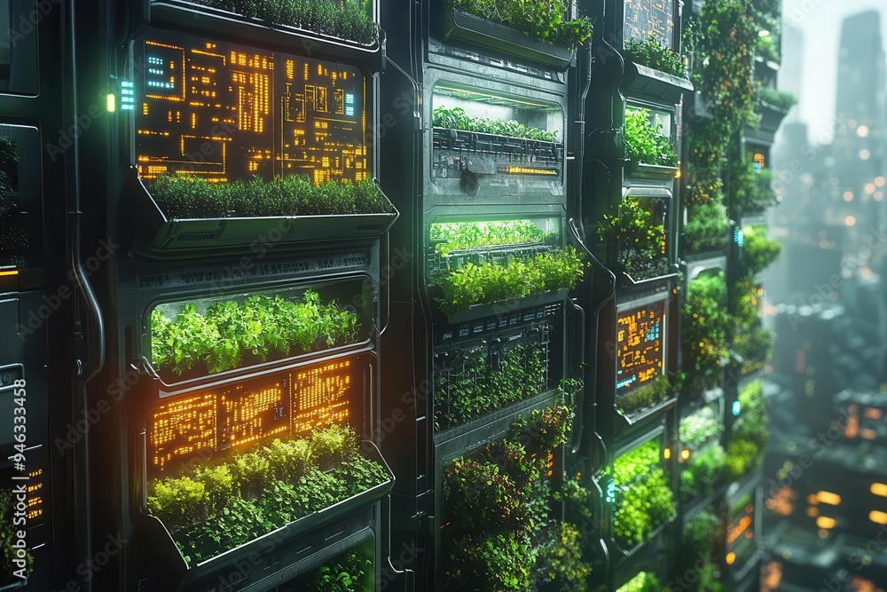 futuristic vertical farm with glowing sensors aerial view cyberpunk ...