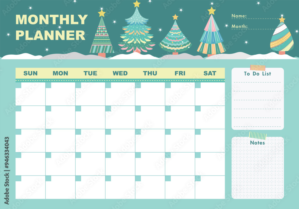 Vetor de Monthly planner with Christmas trees in flat cartoon style ...