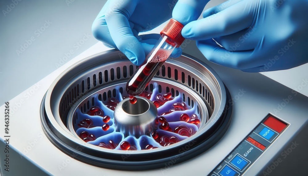 Hands in gloves placing or removing test tubes with separated blood ... Hands in gloves placing or removing test tubes with separated blood ...