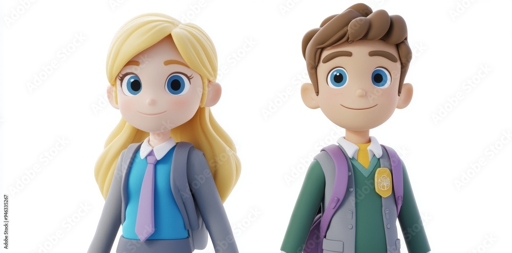 Digital illustration featuring eight animated schoolchildren in school ...