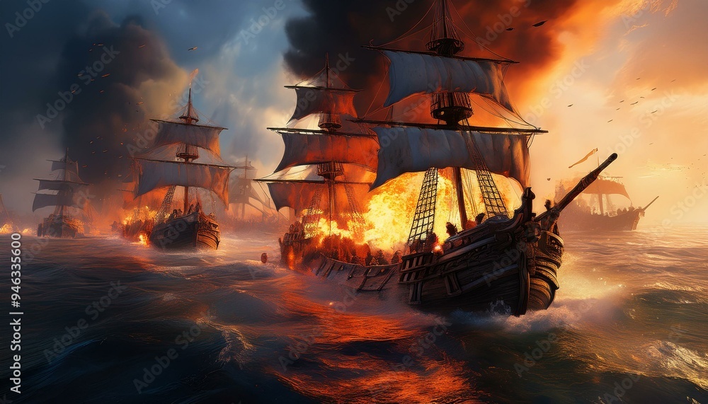Ships on Fire in Medieval Battleships, Pirate ships destroyed in cannon ...