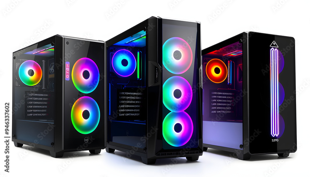 set collection of black and white custom gaming pc computer with glass ...