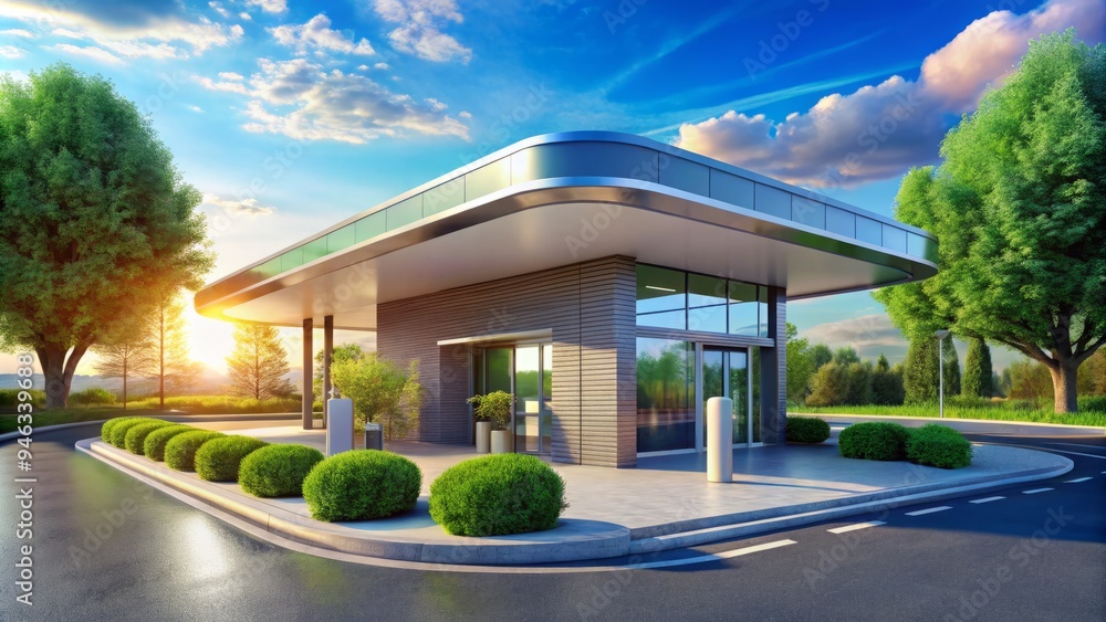 Modern bank's drive-through lane with rounded canopy, sleek ATM, and ...