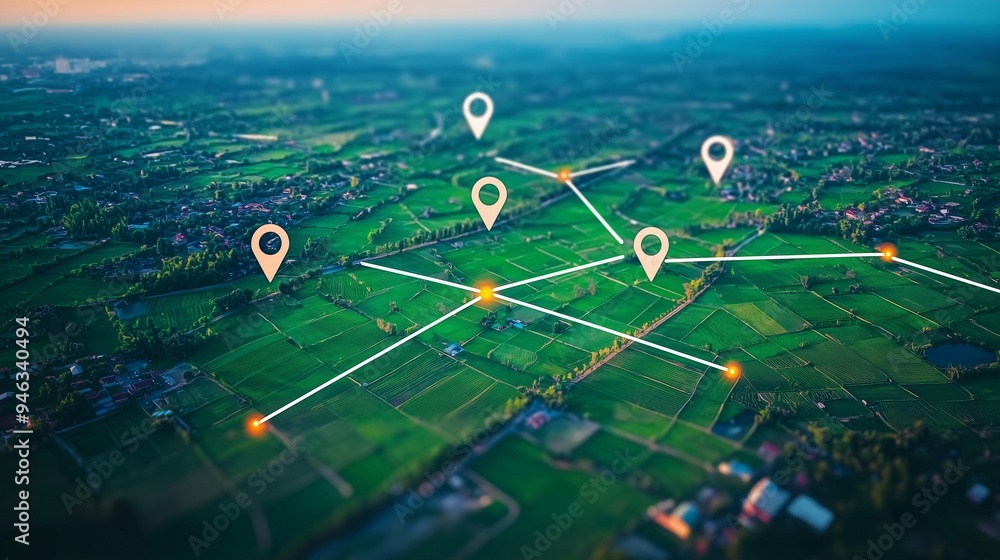 Aerial view of land plots with location markers and connecting lines ...