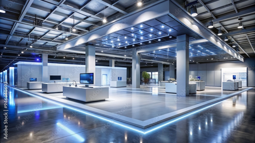Modern exhibition hall with polished concrete floor, sleek booths, and ...